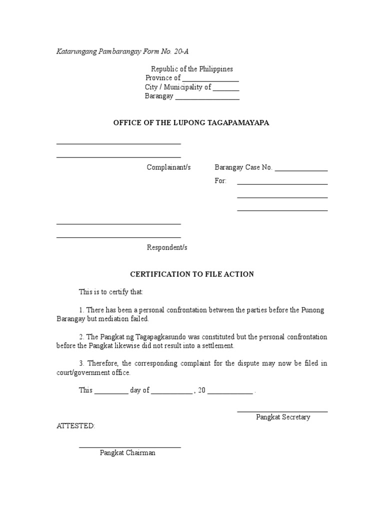 Certificate To File Action Brgy | PDF | Law