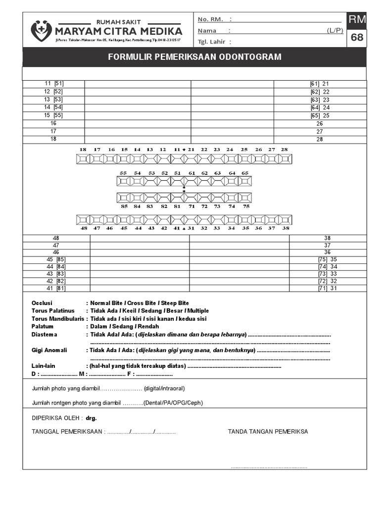 Formulir Pemeriksaan Odontogram RS Maryam | PDF