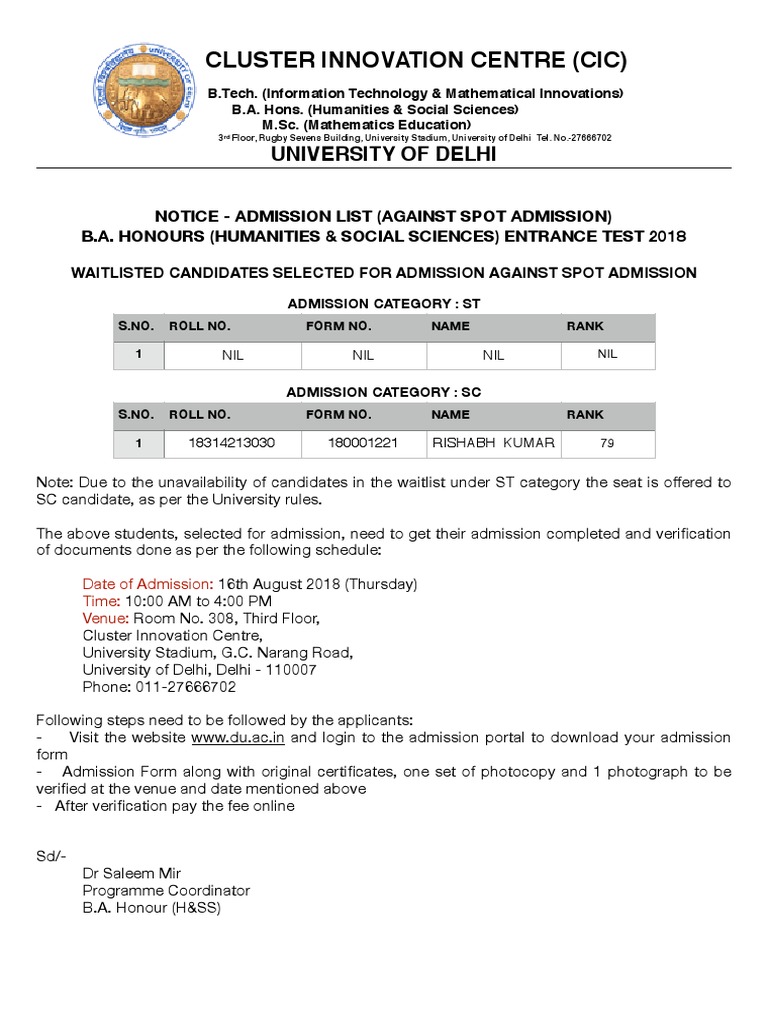 Cluster Innovation Centre (Cic) : University of Delhi | PDF | Academia ...