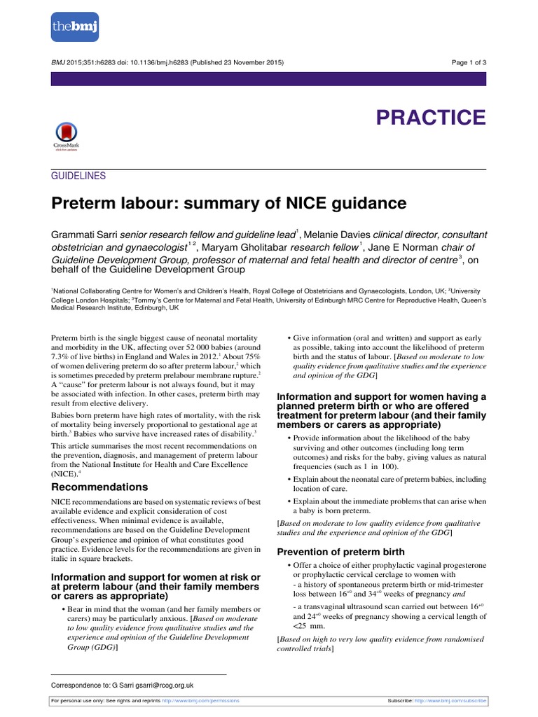 Practice: Preterm Labour: Summary of NICE Guidance | PDF | Preterm ...