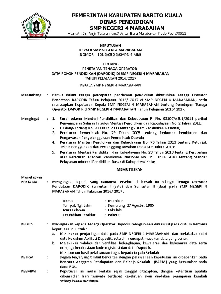 Contoh Format SK Operator Sekolah | PDF