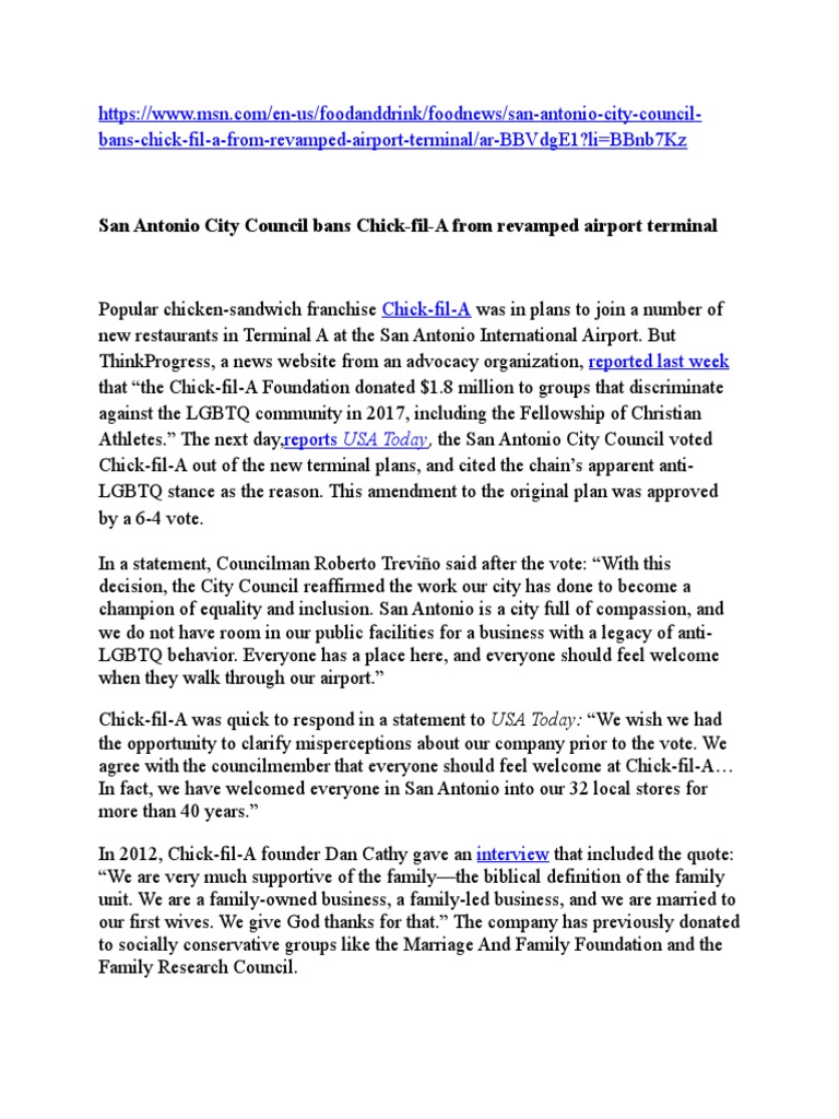 San Antonio City Council Bans Chick-fil-A From Revamped Airport ...