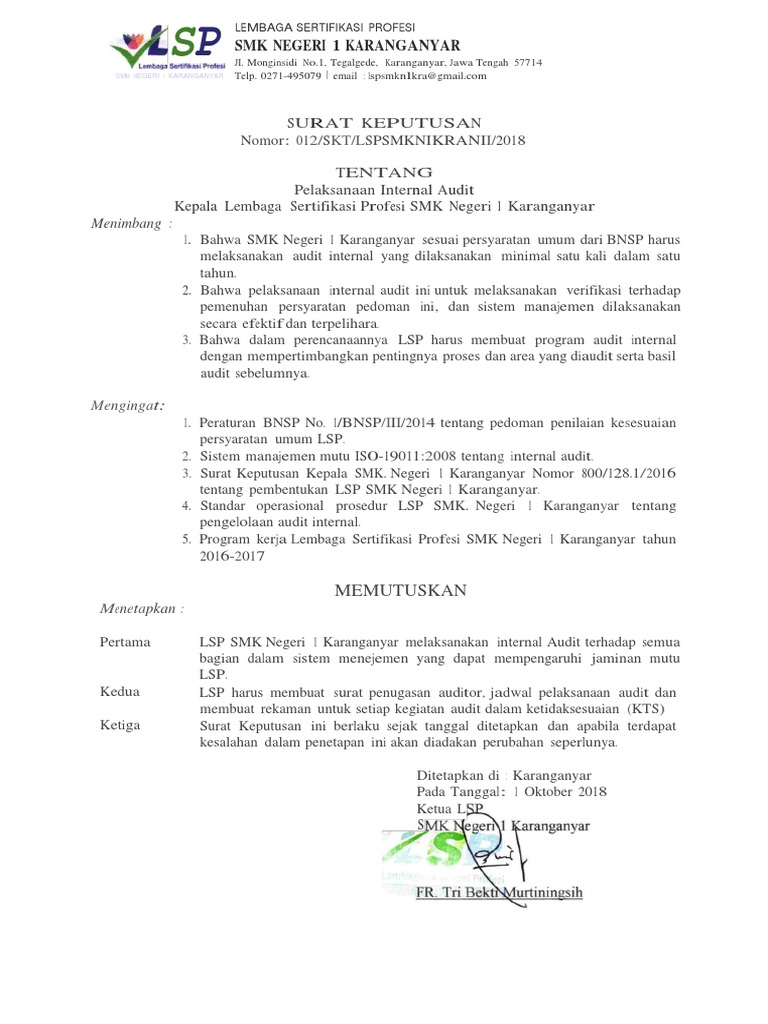 Rencana Audit Internal LSP SMK Karanganyar | PDF