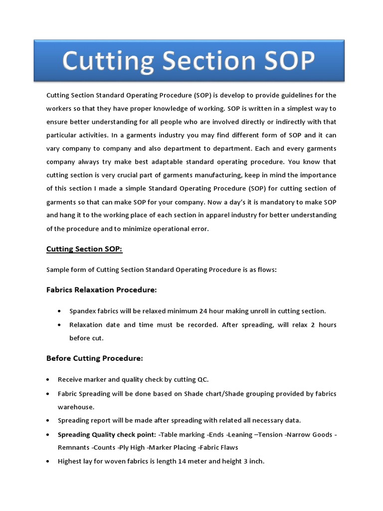 Cutting Standard Operating Procedure SOP English | PDF | Clothing ...