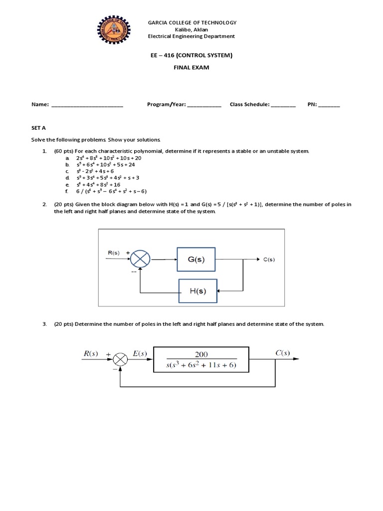 Ee - 416 (Control System) Final Exam | PDF | Teaching Methods & Materials | Computers