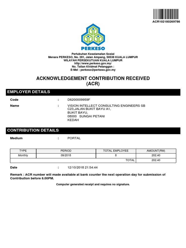 Acknowledgement Contribution Received (ACR) : Employer Details | PDF