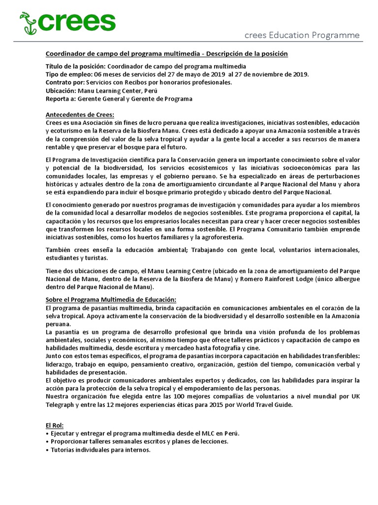 Asistente de Campo Del Programa Multimedia TDR | PDF | Perú | Sustentabilidad