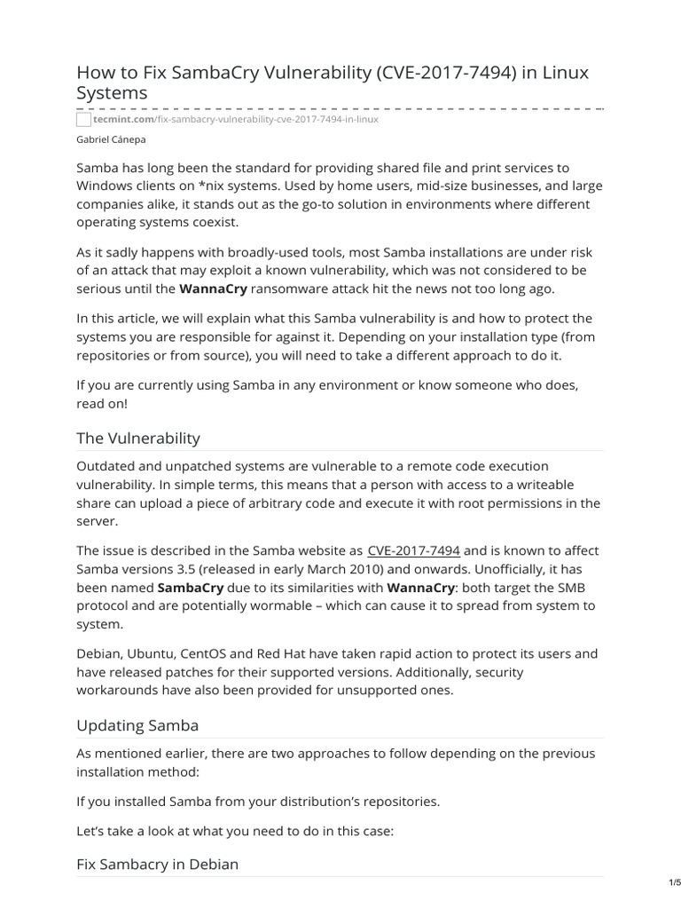 How To Fix SambaCry Vulnerability CVE-2017-7494 in Linux Systems | PDF | Areas Of Computer ...
