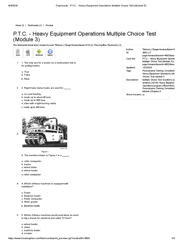Heavy Equipment Operations Quiz | PDF | Loader (Equipment) | Engines
