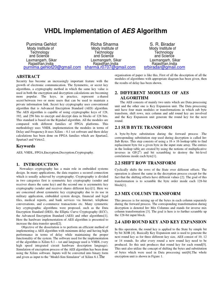 VHDL Implementation of AES Algorithm | PDF | Cryptography | Key (Cryptography)