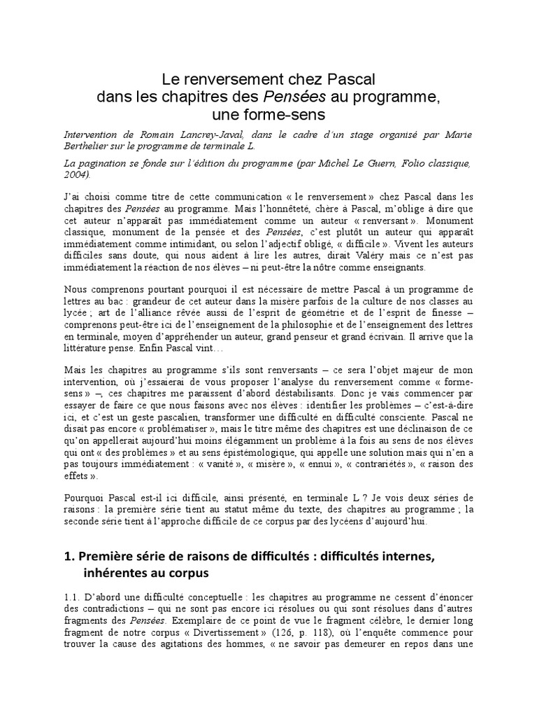Renversement et Défis dans les Pensées de Pascal | PDF | Paradoxe ...