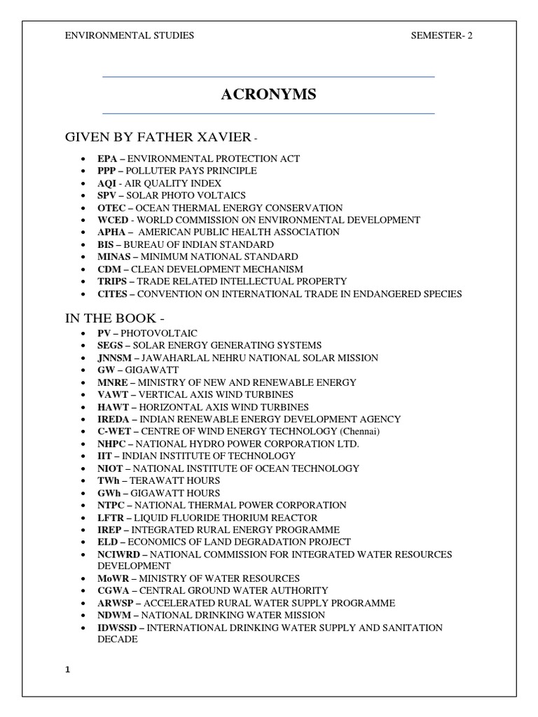 Acronyms For EVS | PDF | Energy Development | Drinking Water