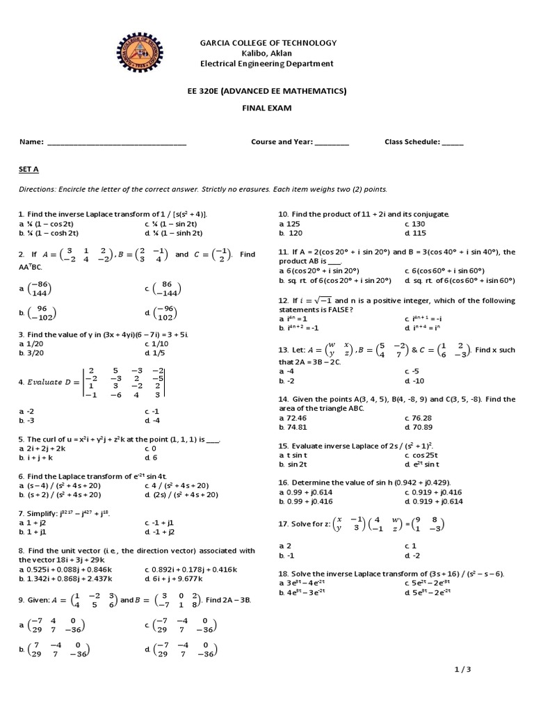 Exam Set A | PDF | Mathematical Objects | Algebra