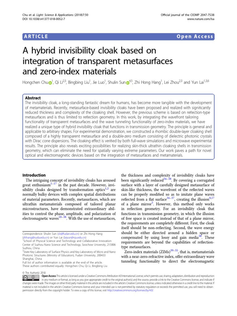 A Hybrid Invisibility Cloak Based On Integration of Transparent ...