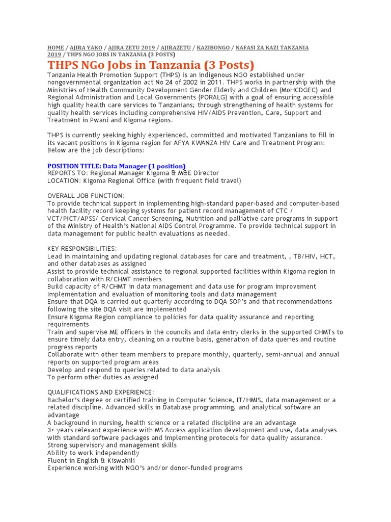 Thps Ngo Jobs in Tanzania (3 Posts) : Position Title: Data Manager (1 ...
