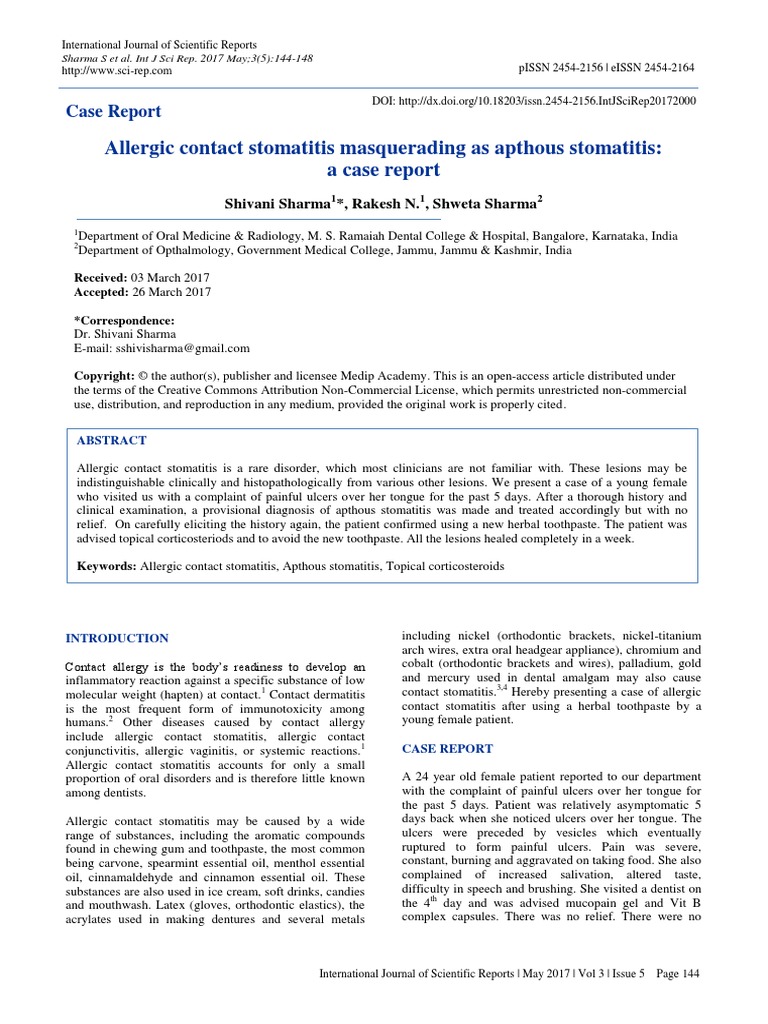 Allergic Contact Stomatitis Masquerading As Apthous Stomatitis: A Case ...