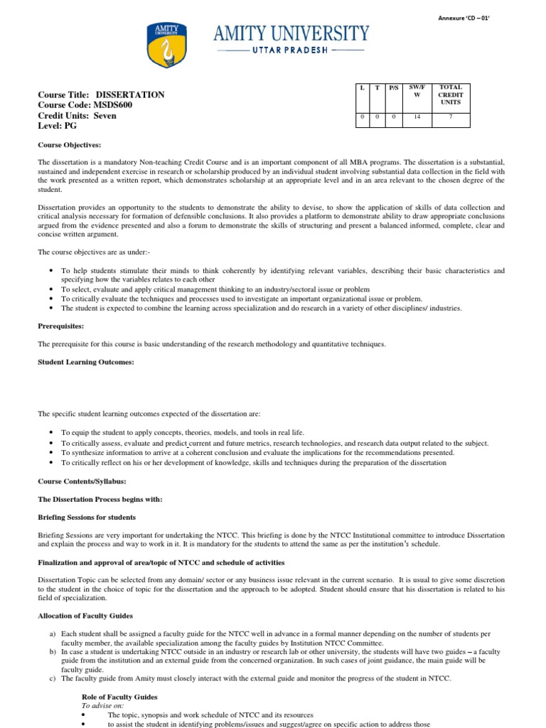 Course Title: DISSERTATION Course Code: MSDS600 Credit Units: Seven ...