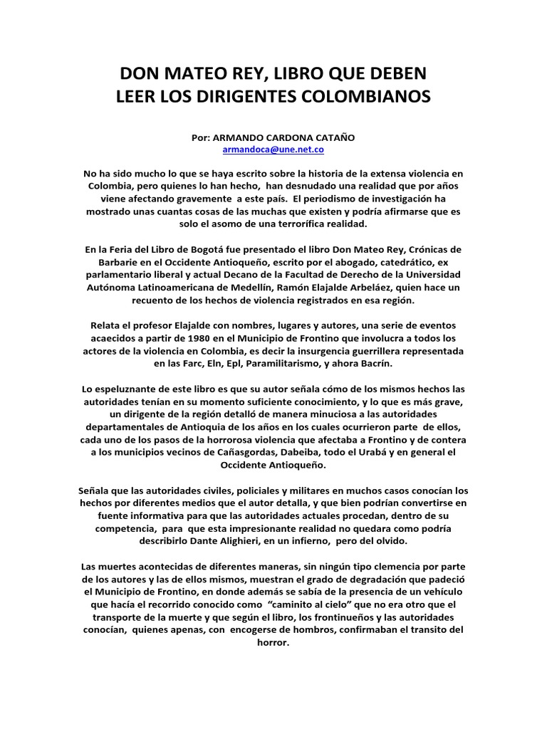 Don Mateo Rey Junio 2016 | PDF | Colombia | Violencia
