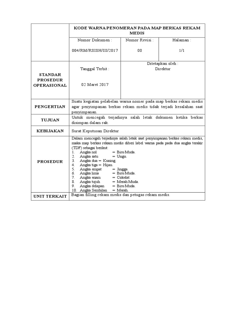 Spo Kode Warna Penomeran Pada Map Berkas Rekam Medis | PDF