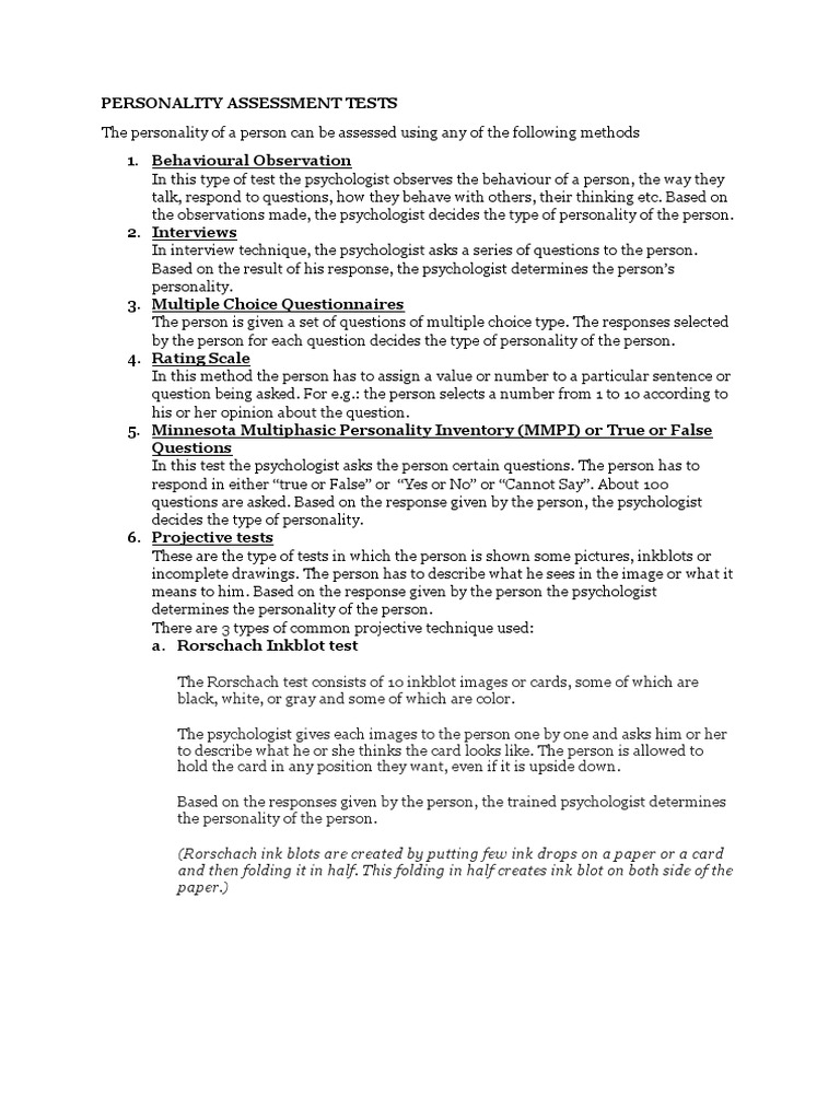 Overview of Personality Assessment Methods | PDF | Psychology ...