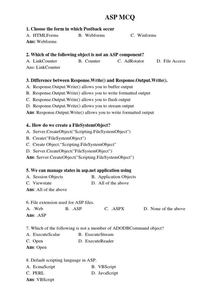 ASP MCQ Part 1 | PDF | Active Server Pages | Web Server