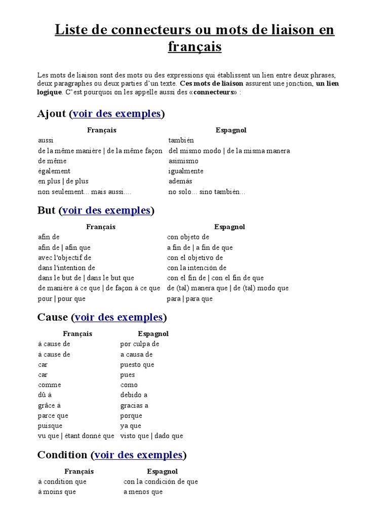 Liste de mots de liaison en français | PDF | Relations syntaxiques | la ...