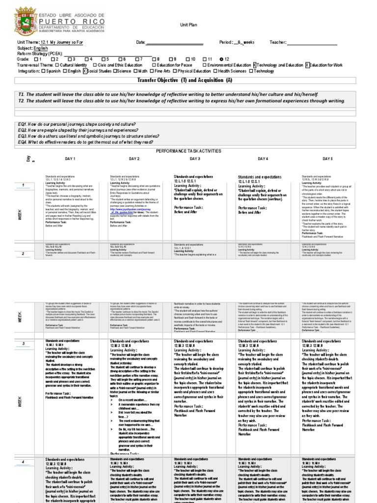 English Unit Plan: Reflective Writing and Flashback Narratives | PDF ...