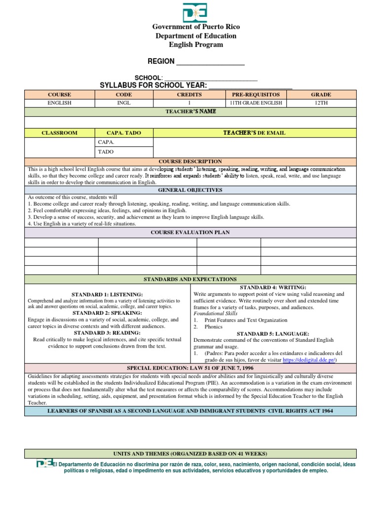 12TH GRADE ENGLISH SYLLABUS 2018-19.docx | English Language | Special ...