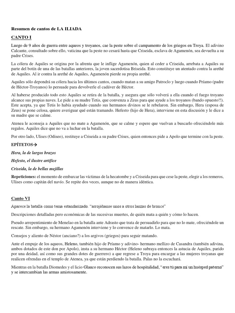 Resumen de Cantos de LA ILIADA | PDF | Héctor | Aquiles