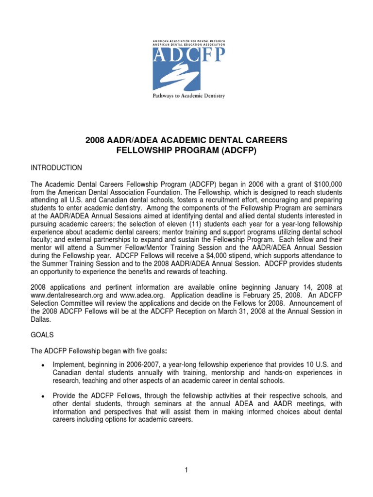 2008 Aadr/Adea Academic Dental Careers Fellowship Program (Adcfp) | PDF ...
