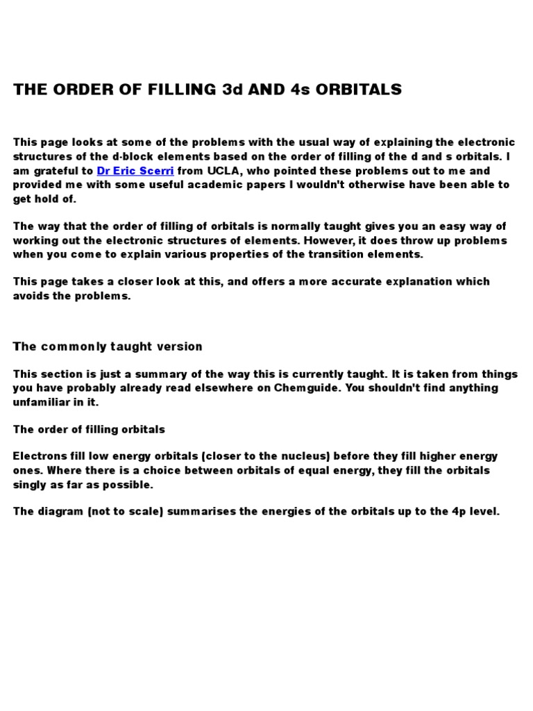 THE ORDER OF FILLING 3d AND 4s ORBITALS | PDF | Electron Configuration ...