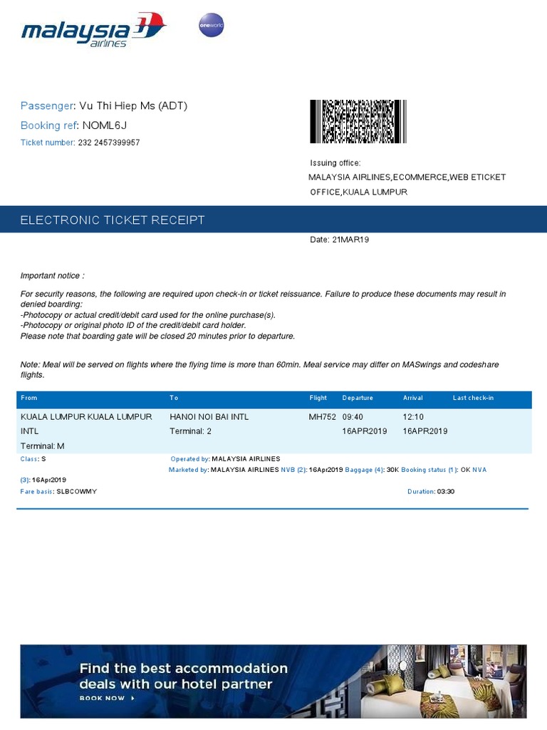 Vu Thi Hiep Ms (ADT) : Noml6J: Electronic Ticket Receipt | PDF | Airlines | Aviation