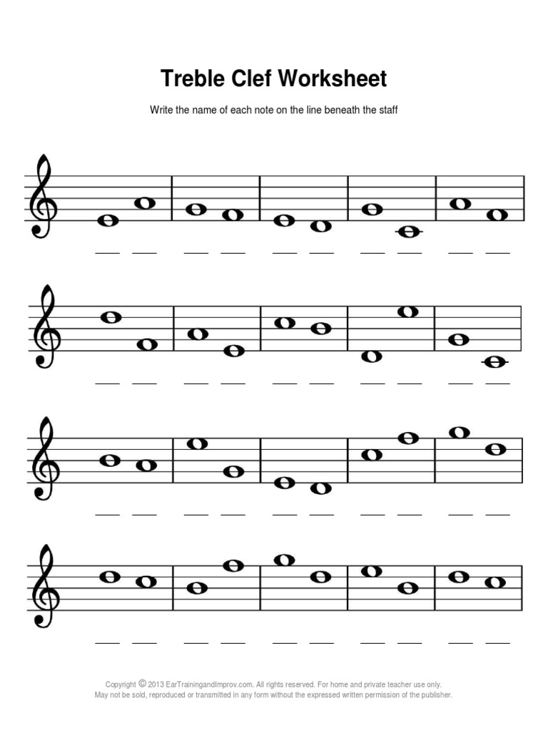 Treble Clef Worksheet Black and White | PDF
