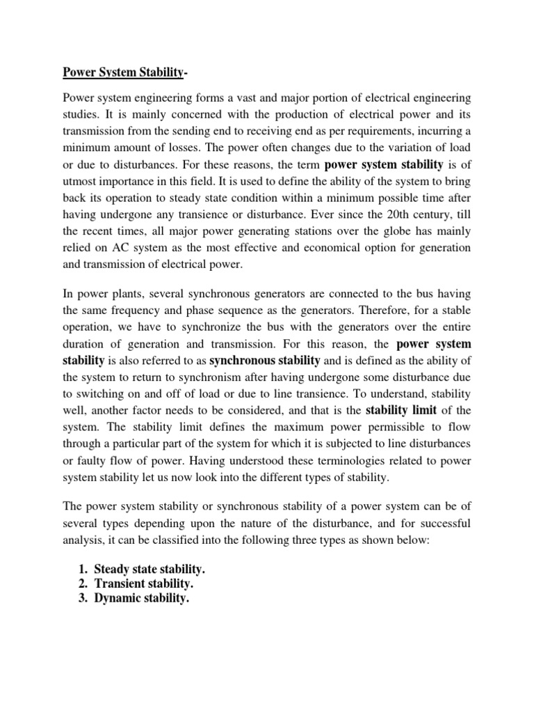 Power System Stability Types | PDF | Steady State | Electric Power System