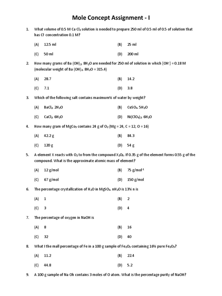 1001-Class XI - C-232.Mole Concept Assignment - 1 | PDF | Molar ...