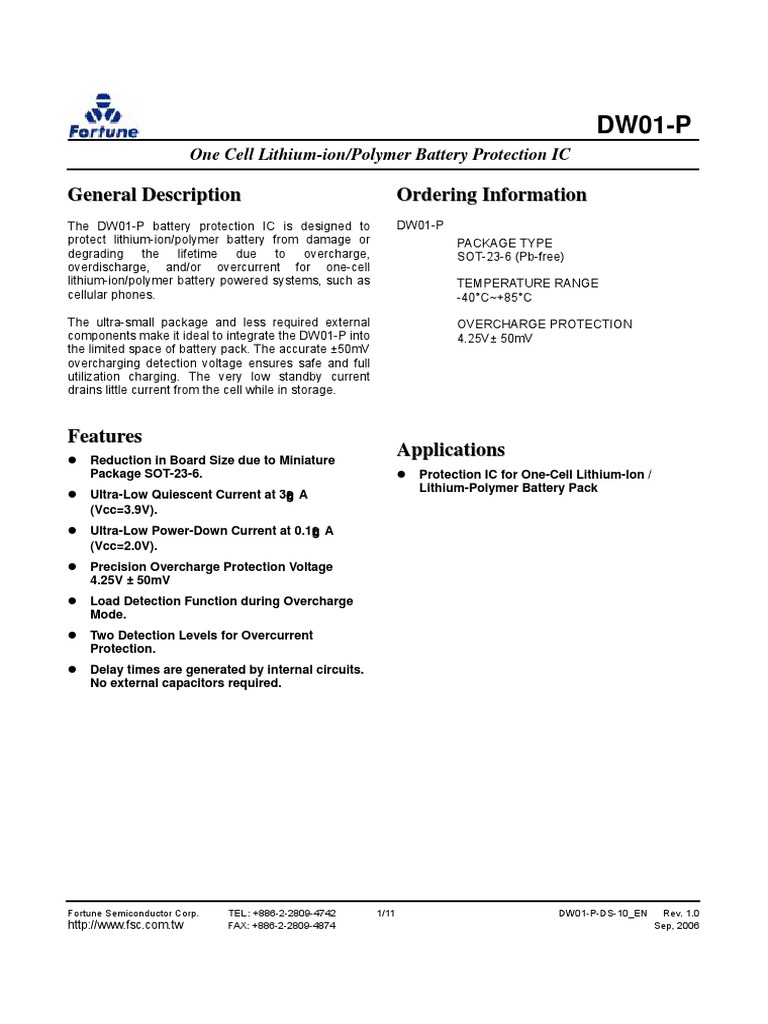 DW01-P DataSheet V10 PDF | PDF | Mosfet | Lithium Ion Battery