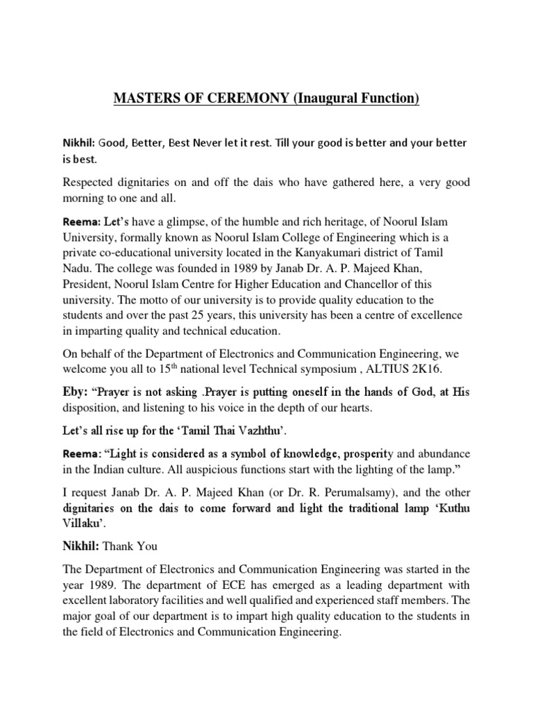 MASTERS OF CEREMONY (Inaugural Function) | PDF