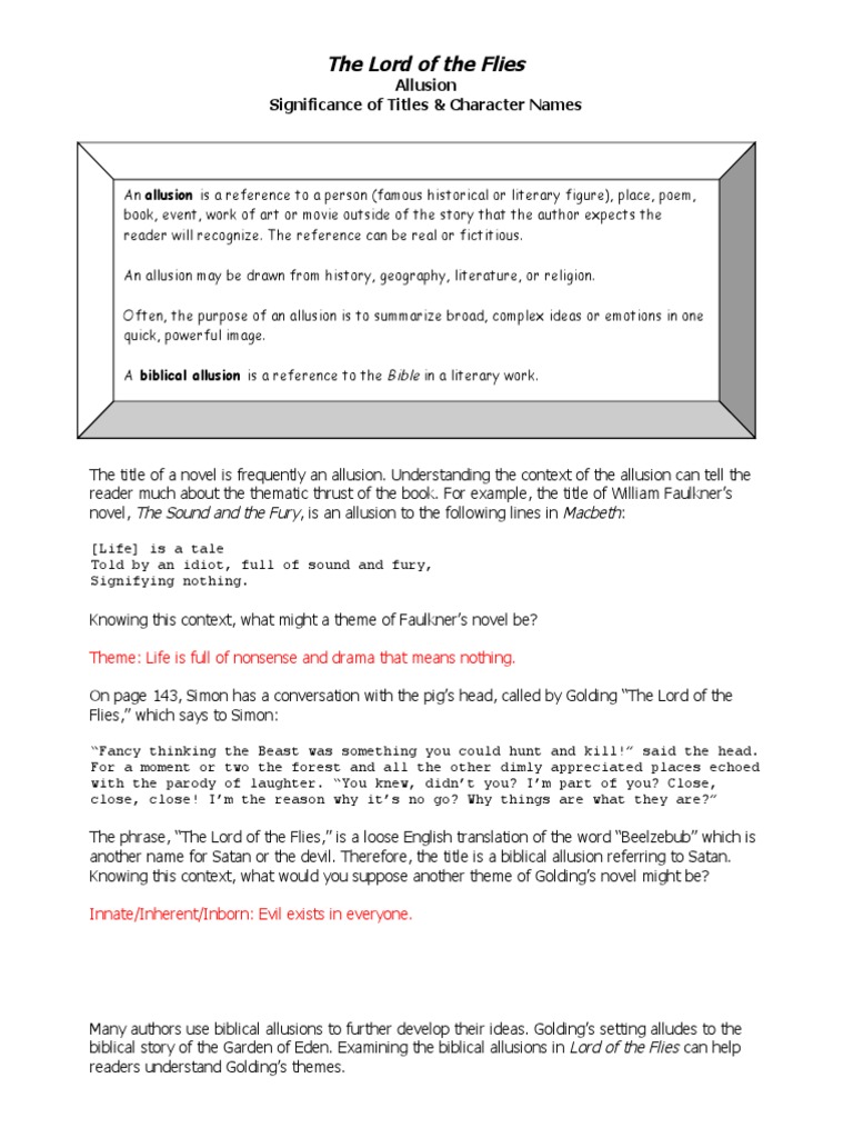 Lotf - Allusion - Title Character Name Answer Key | PDF | Adam And Eve ...