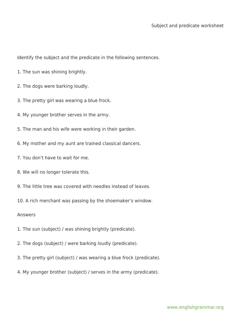 Subject and Predicate Worksheet | PDF | Language Arts & Discipline ...