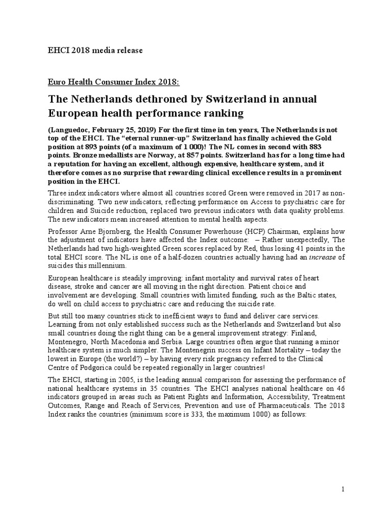 EHCI 2018 Press Release | PDF | Health System | Netherlands