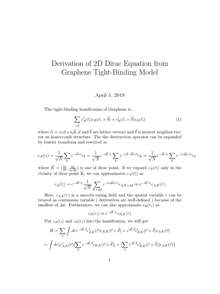 Derivation of 2D Dirac Equation From Graphene Tight-Binding Model | PDF
