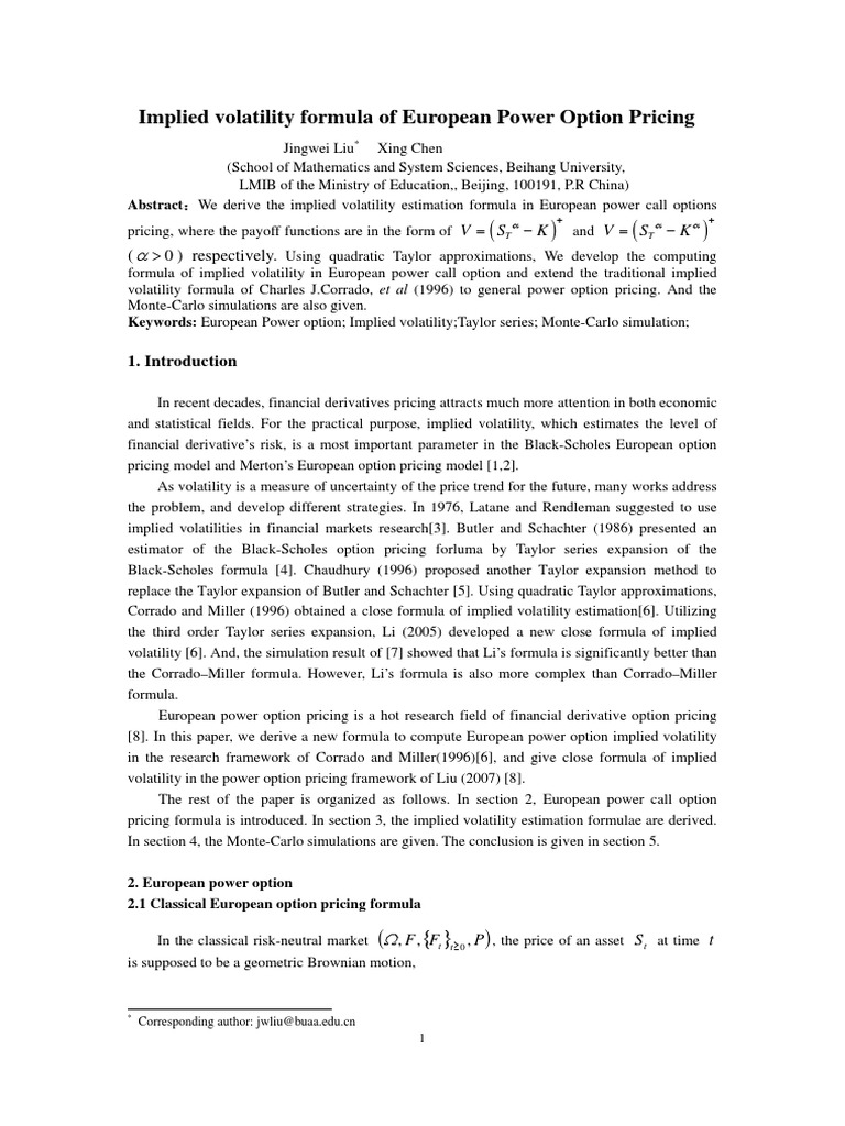 Implied Volatility Formula of European Power Option Pricing ...