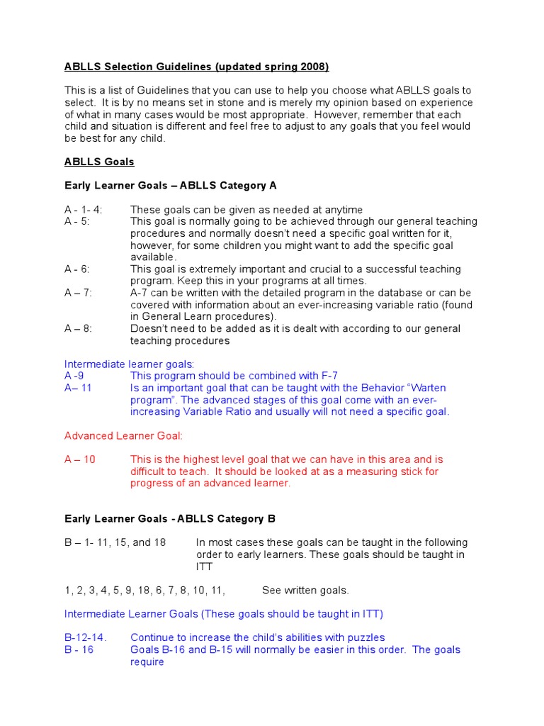 Ablls Goal Selection Guidelines Engl. Updated | PDF | Goal ...
