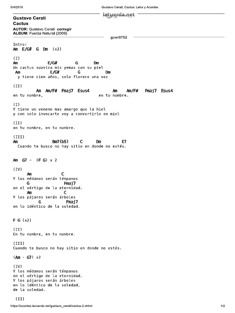 Gustavo Cerati, Cactus_ Letra y Acordes