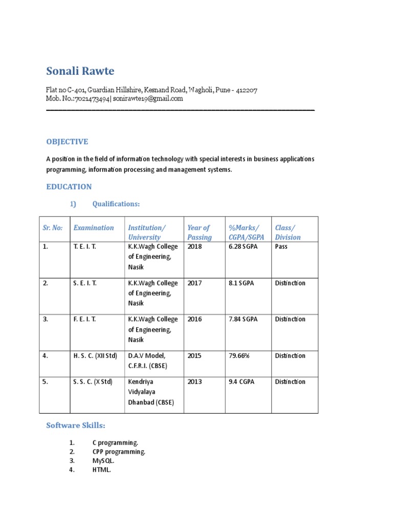 Sonali Resume | PDF | Computing | Computing And Information Technology