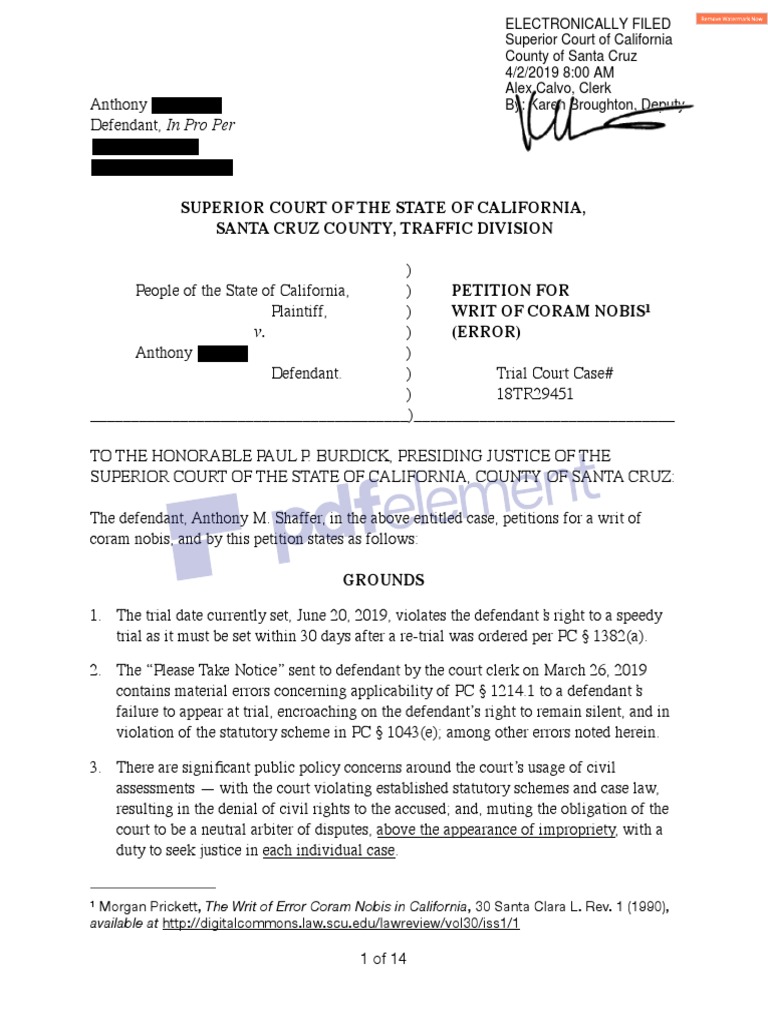 Shaffer v. Superior Court (2019) : Petition For Writ of Coram Nobis ...