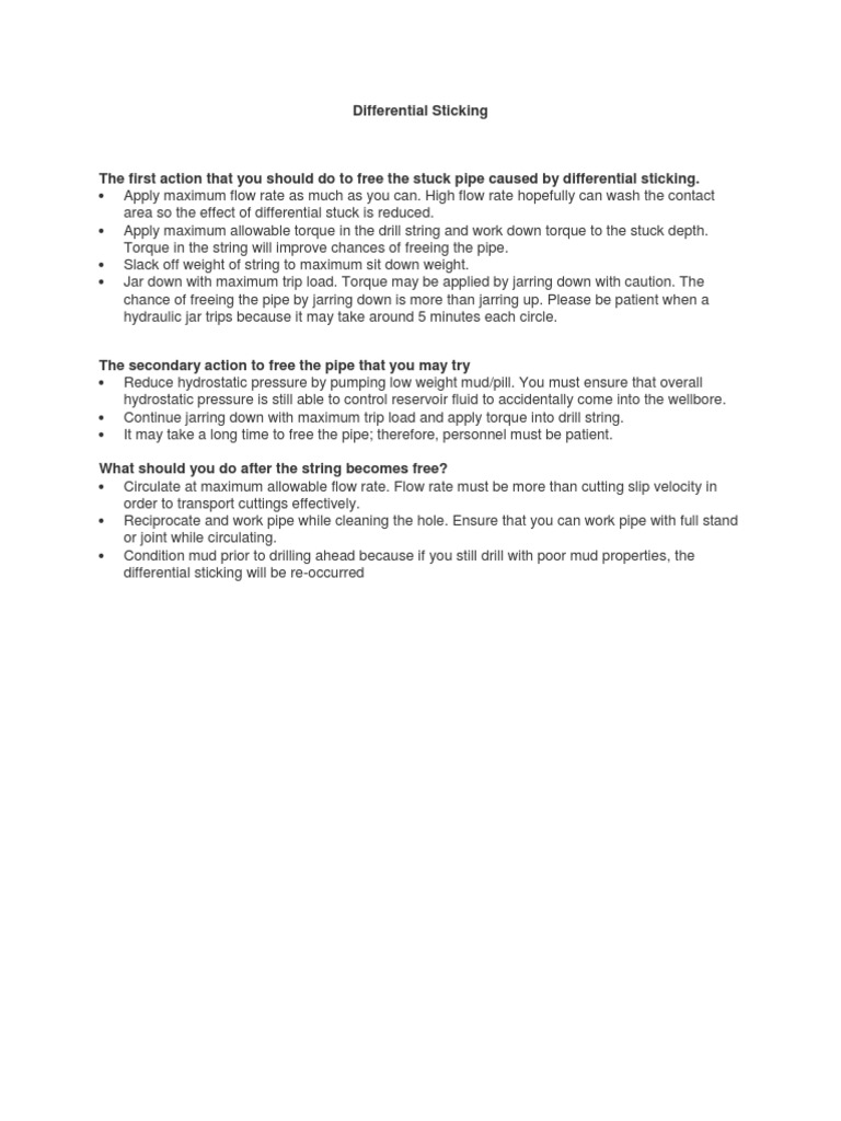 Strategies to Free Differentially Stuck Pipe | PDF