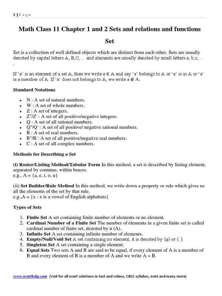 All Formulas and Notes For Maths Class 11 Note Download Chapter 1 and 2 ...