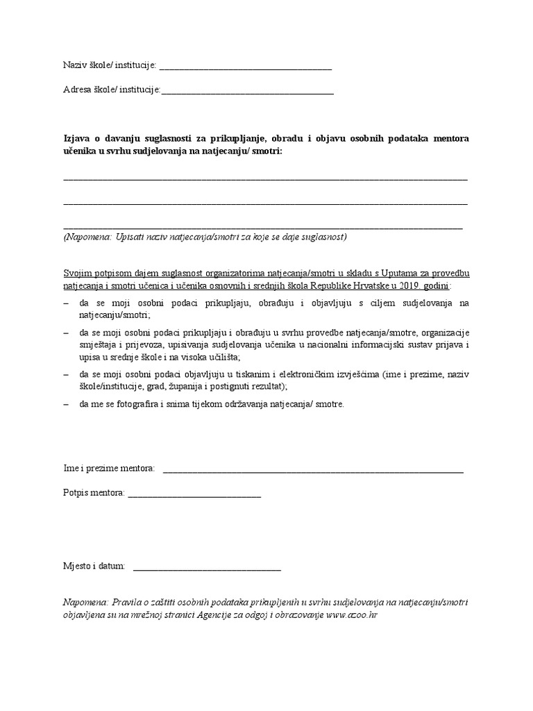 Izjava o Davanju Suglasnosti Za Mentora | PDF