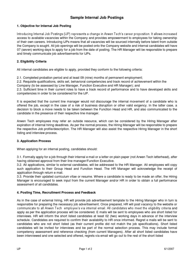 Sample Internal Job Posting | PDF | Recruitment | Employment